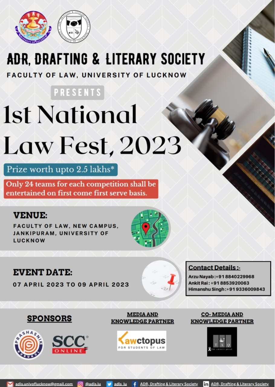 1st National Law Fest, 2023 by ADR, DRAFTING & LITERARY SOCIETY, Faculty of Law Lucknow ...
